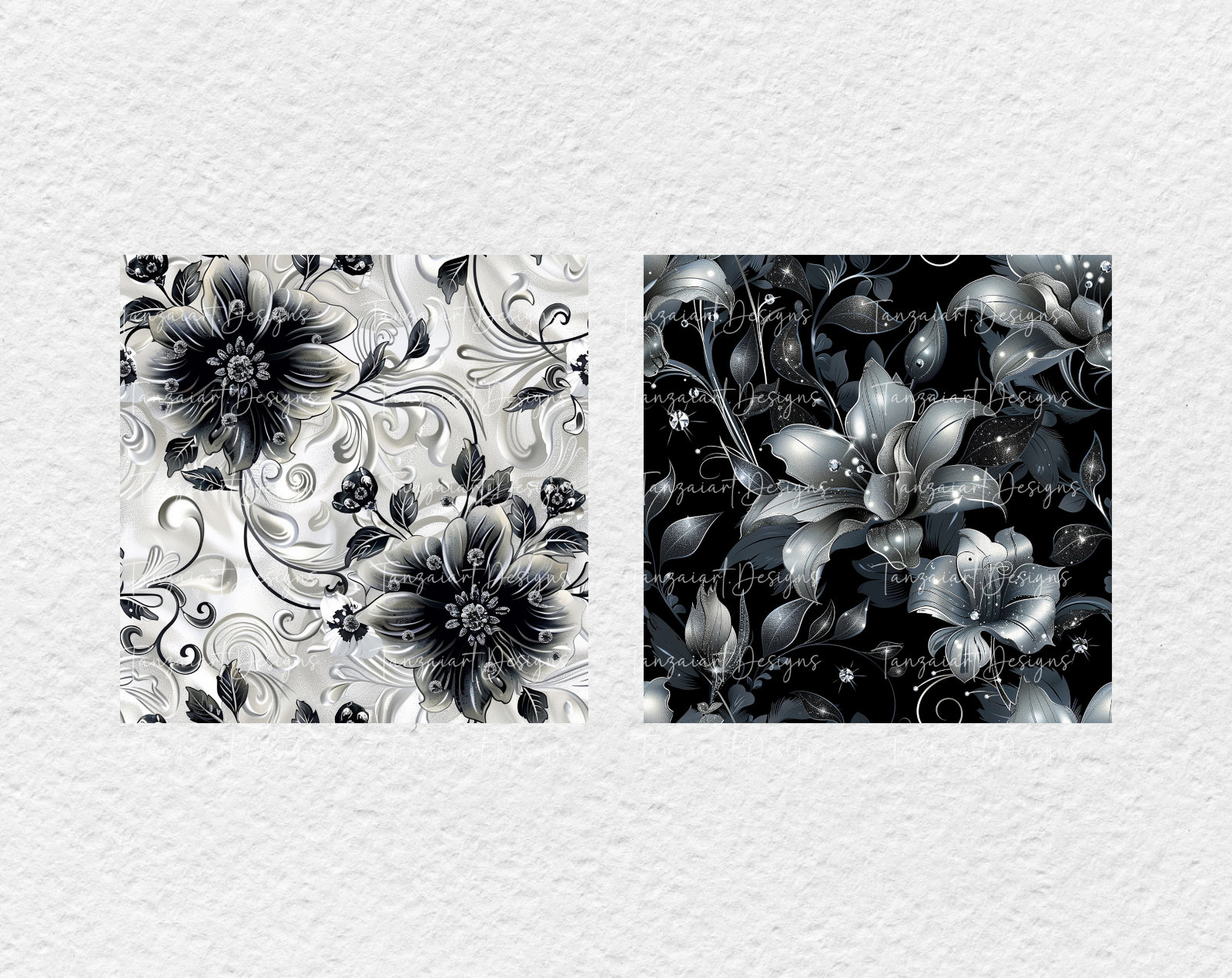 White Black and Silver Floral Digital Paper, Seamless Flowers Rose ...