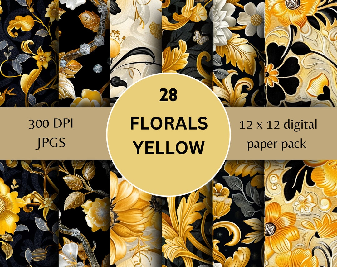 Black and Yellow Floral Digital Paper, Gold Flowers Seamless Pattern ...