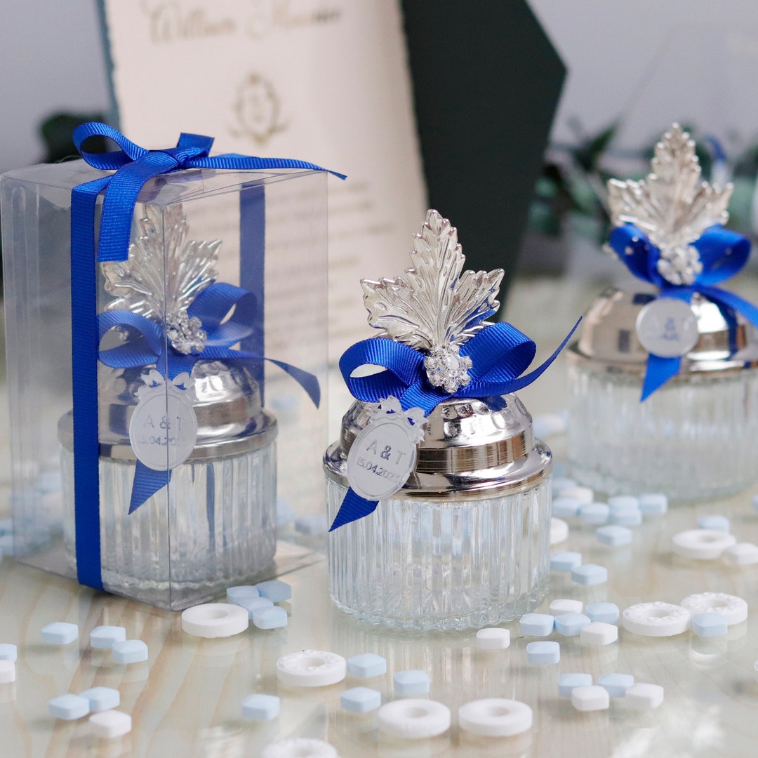 Silver Lid Candy Jar Favor With Navy Blue Ribbon Custom Glass Mint ...