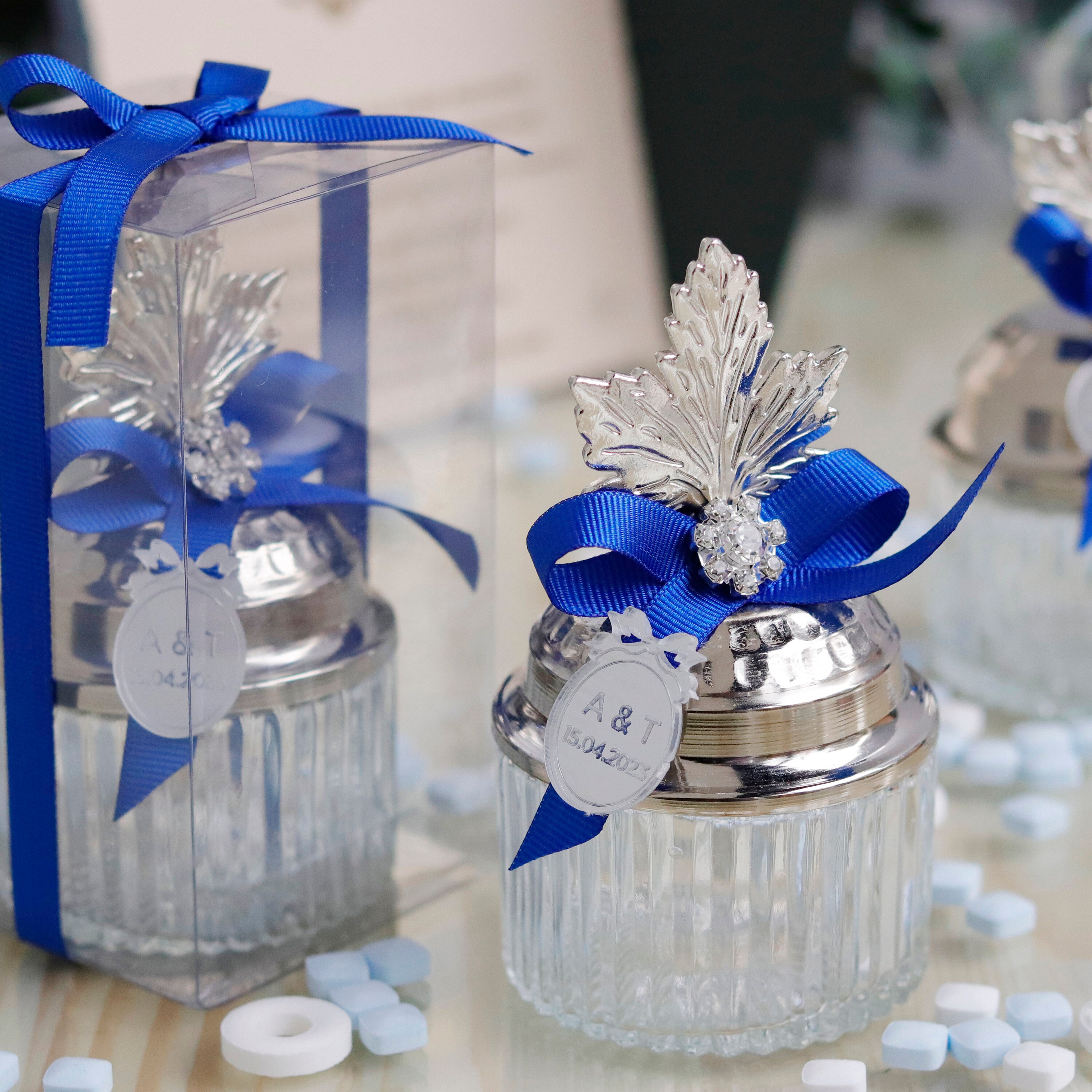 Silver Lid Candy Jar Favor With Navy Blue Ribbon Custom Glass Mint ...
