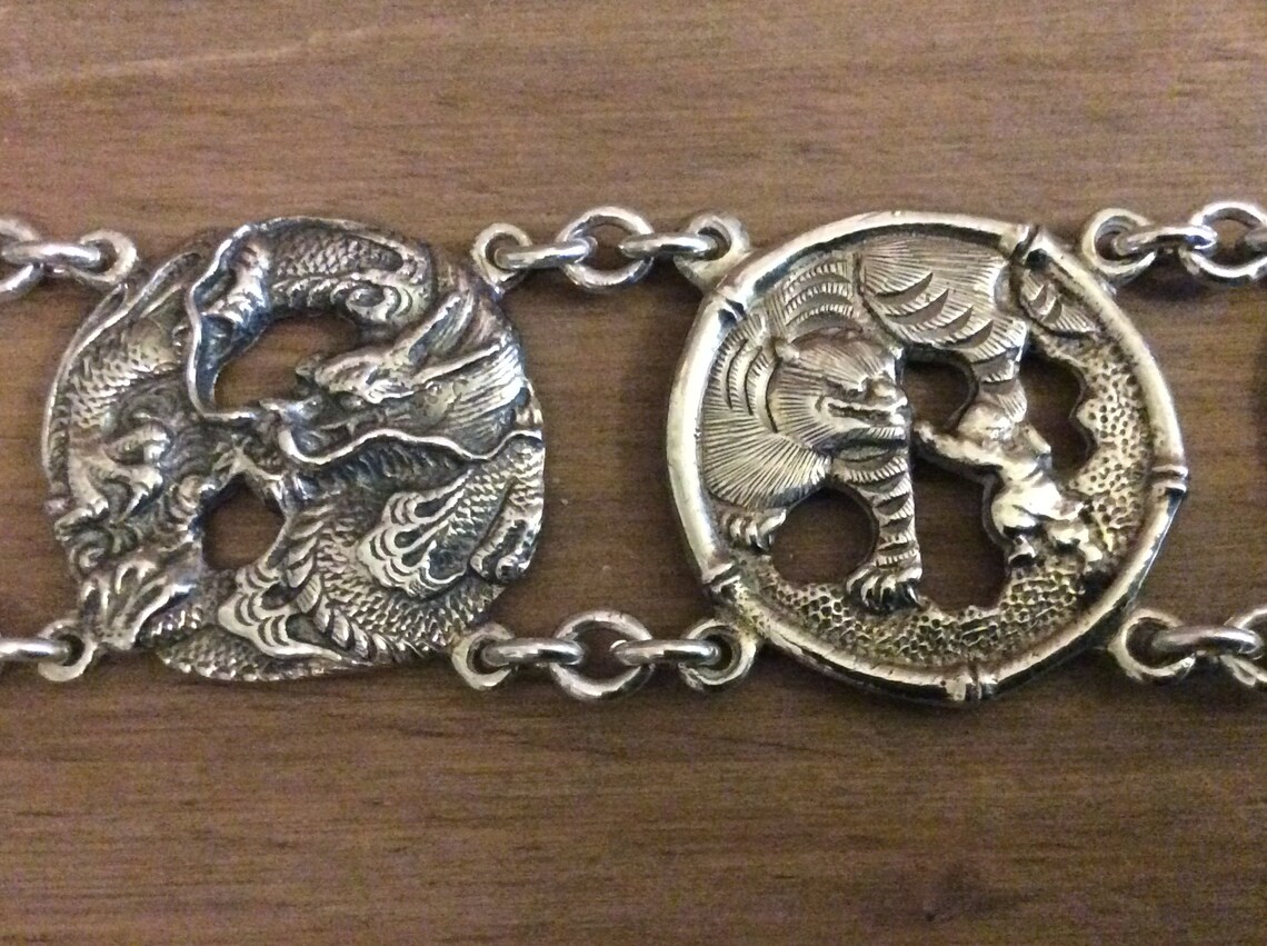Rare Japanese Solid Silver Tiger Dragon Belt Solid 900 Silver 28 Inches ...