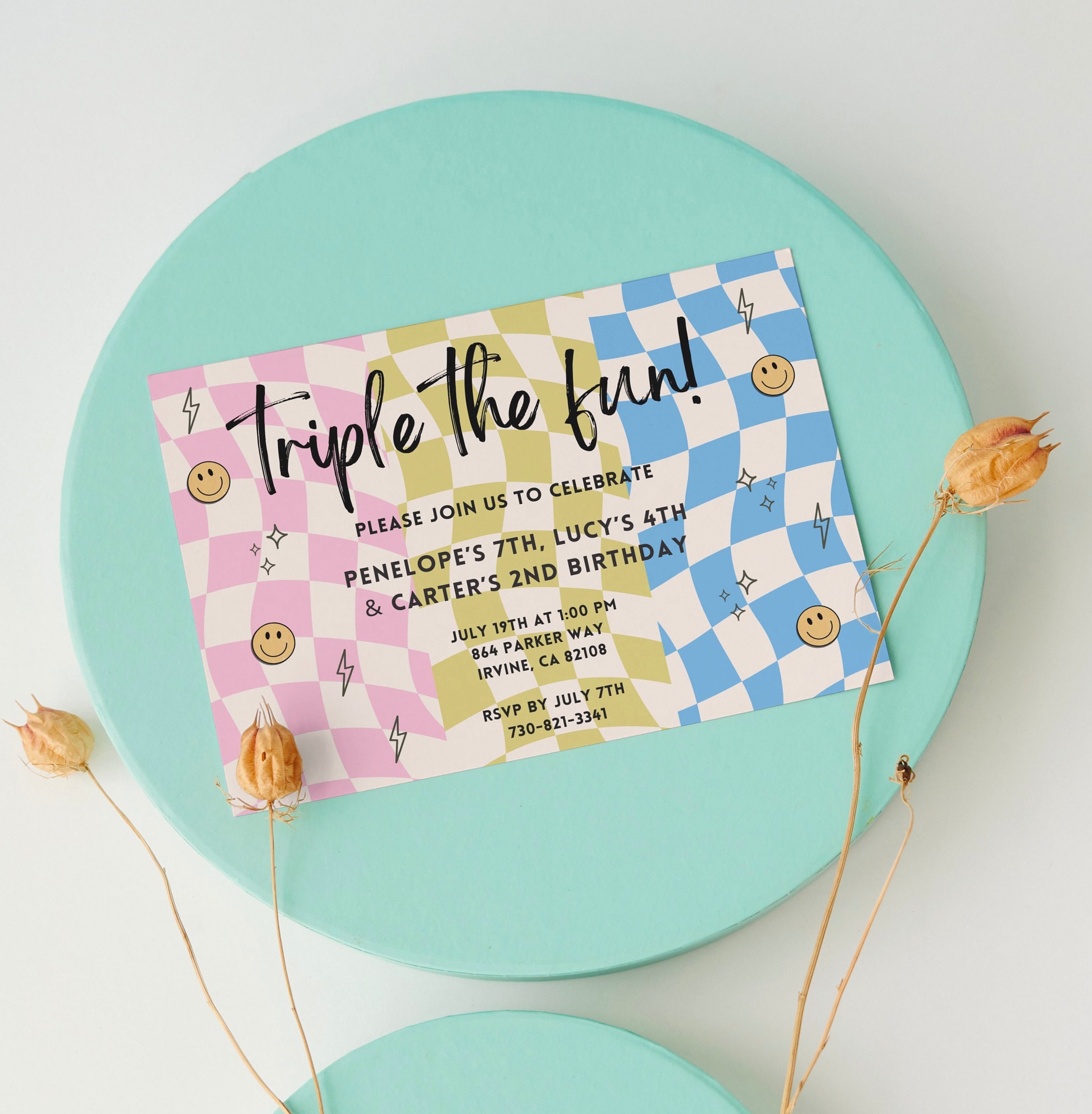 Triple Birthday Invitation, Sibling Birthday, Triplet Birthday ...