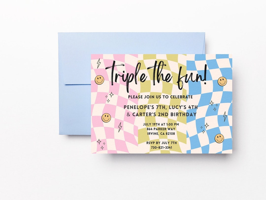 Triple Birthday Invitation, Sibling Birthday, Triplet Birthday ...