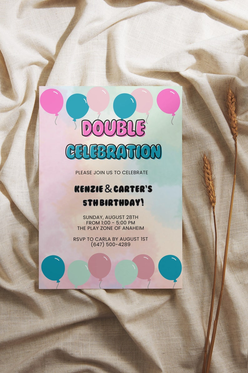 Double Celebration Birthday Invitation, Twin Birthday Invitation, Joint ...