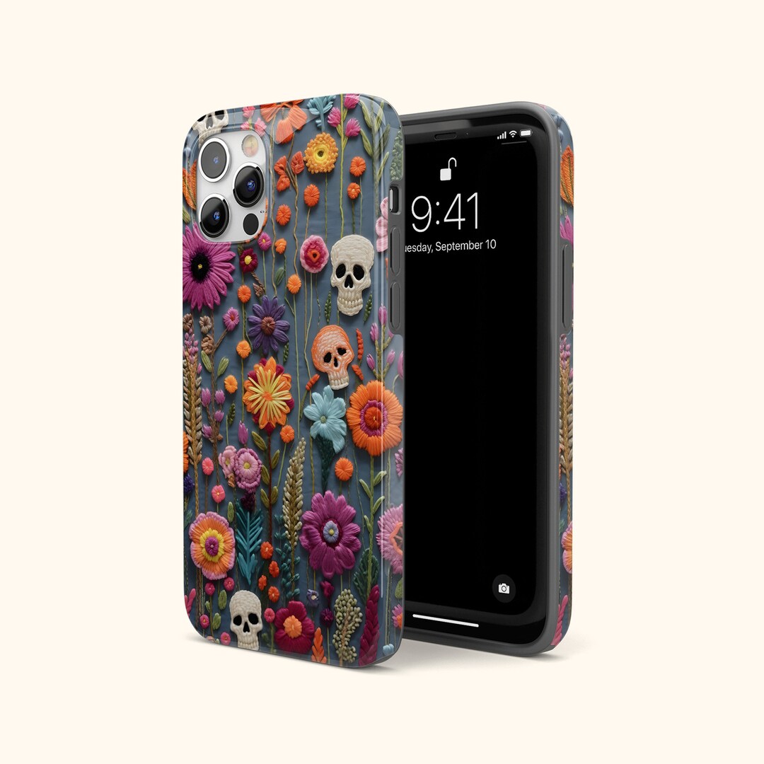 Skeleton Phone Case Gothic Cottagecore 3D Embroidry Effect Skull Design ...