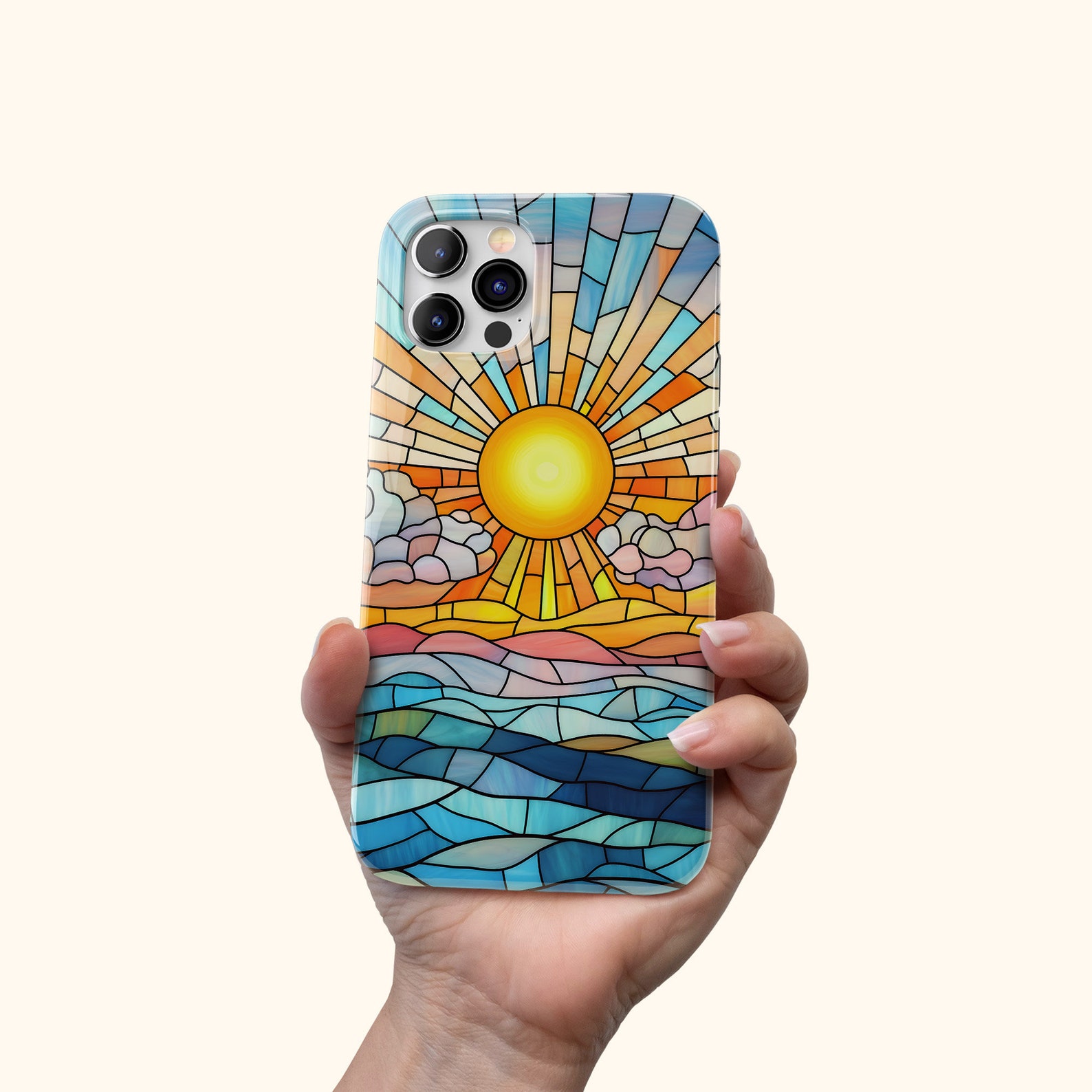 Stained Glass Phone Case Ocean Waves Colorful Sun Art Nature Inspired ...