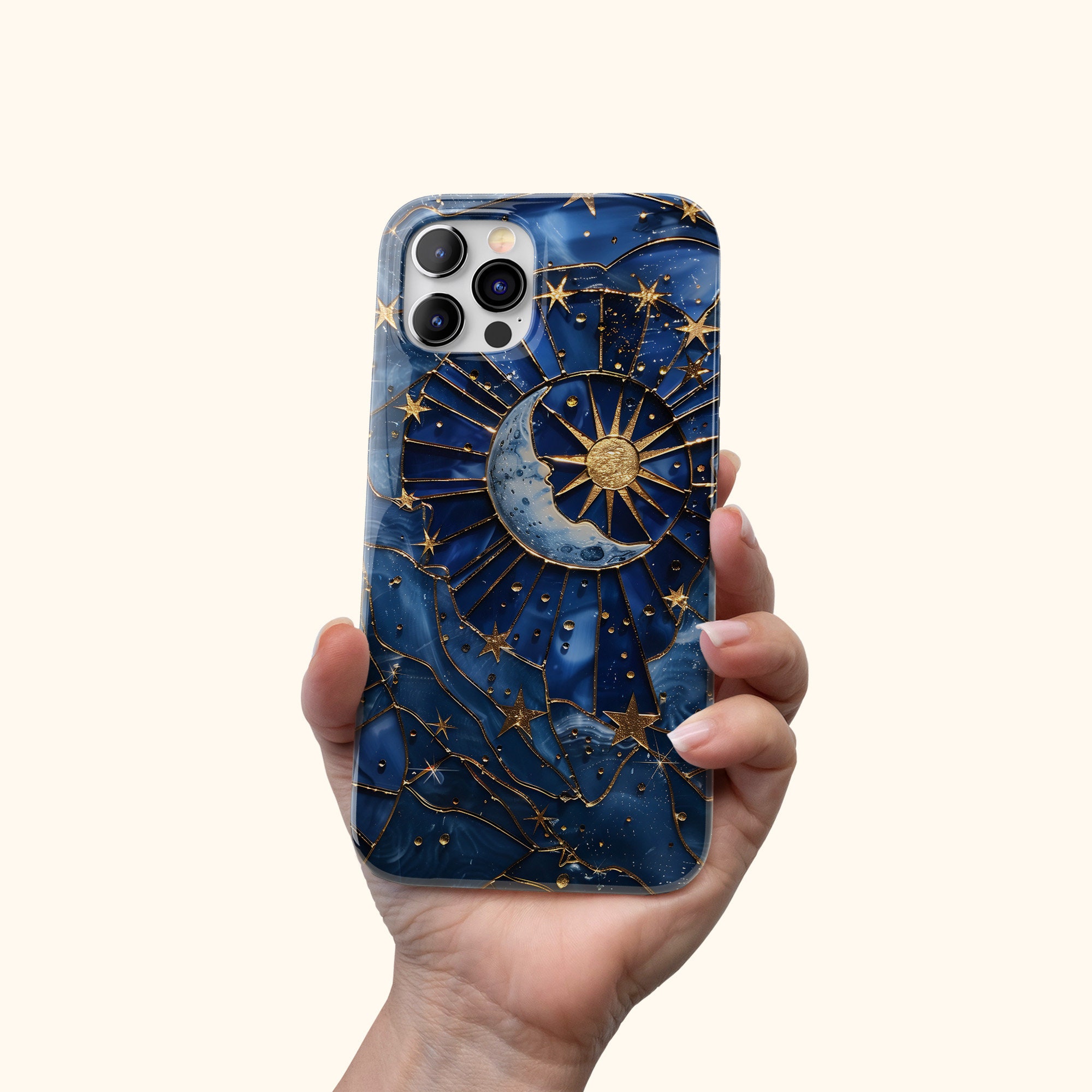 Stain Glass Phone Case Blue Celestial Moon Star Phone Case Mosaic ...