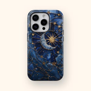 Stain Glass Phone Case Blue Celestial Moon Star Phone Case Mosaic ...