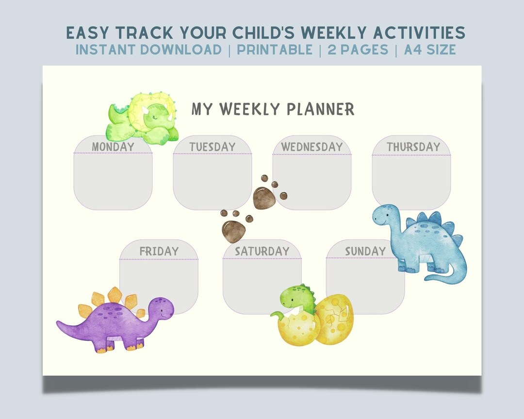 Dinosaur A4 Weekly Planner, Kids Weekly Planner, Kids Schedule ...