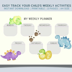 Dinosaur A4 Weekly Planner, Kids Weekly Planner, Kids Schedule ...