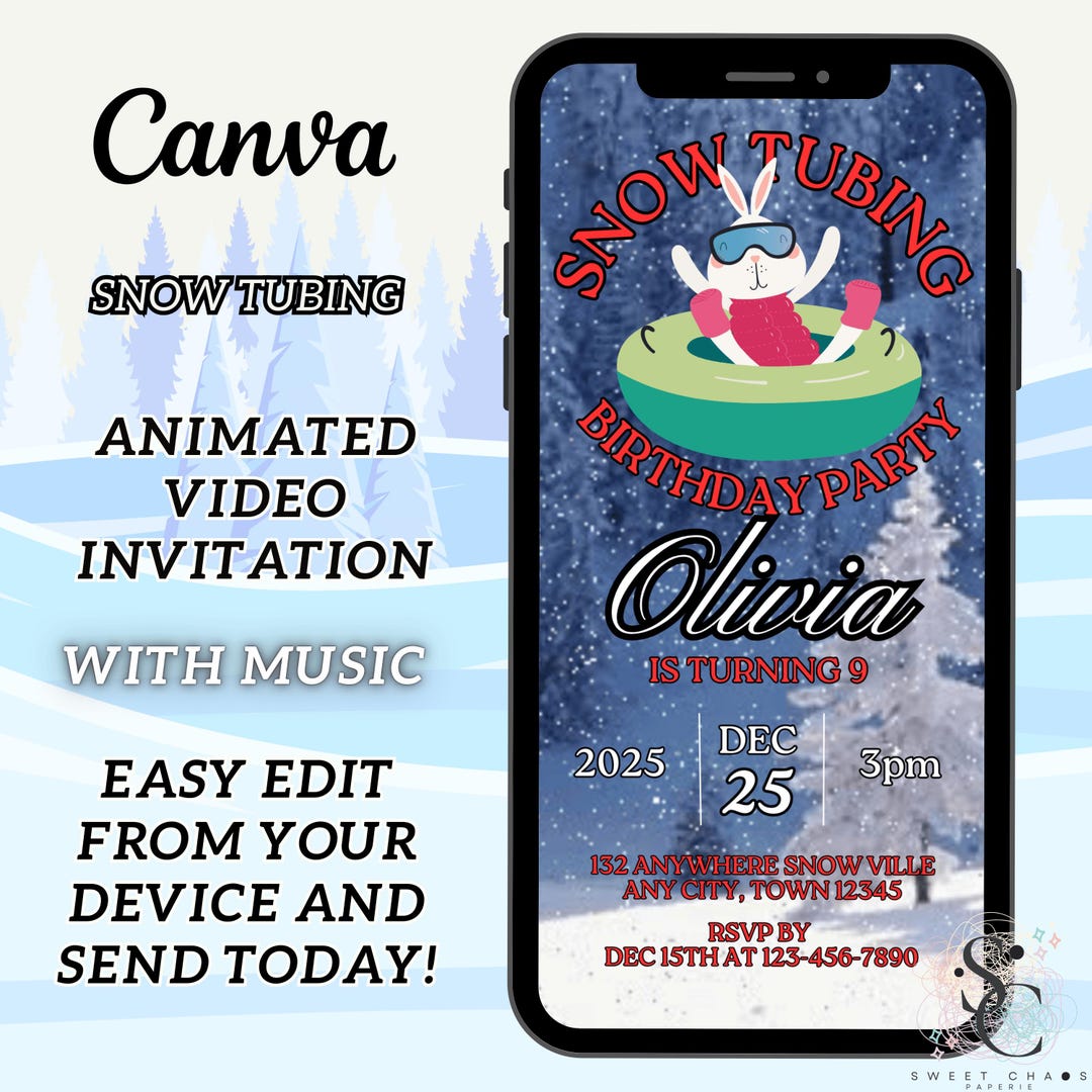 Snow Tubing Party Digital Video Invitation, Personalized, Bunny 9th ...