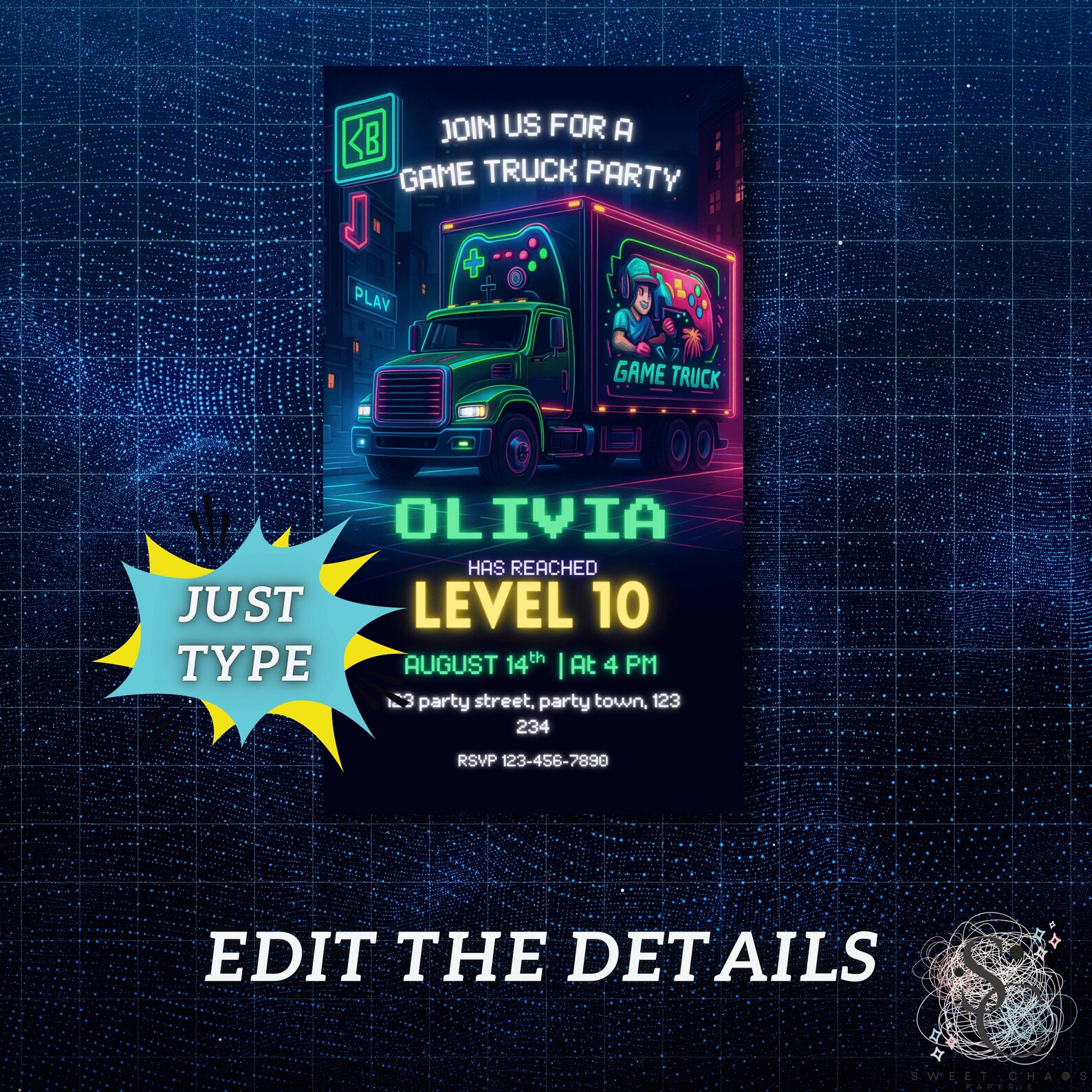 Video Game Truck Birthday Invitation, Printable Neon Gamer Truck Party ...