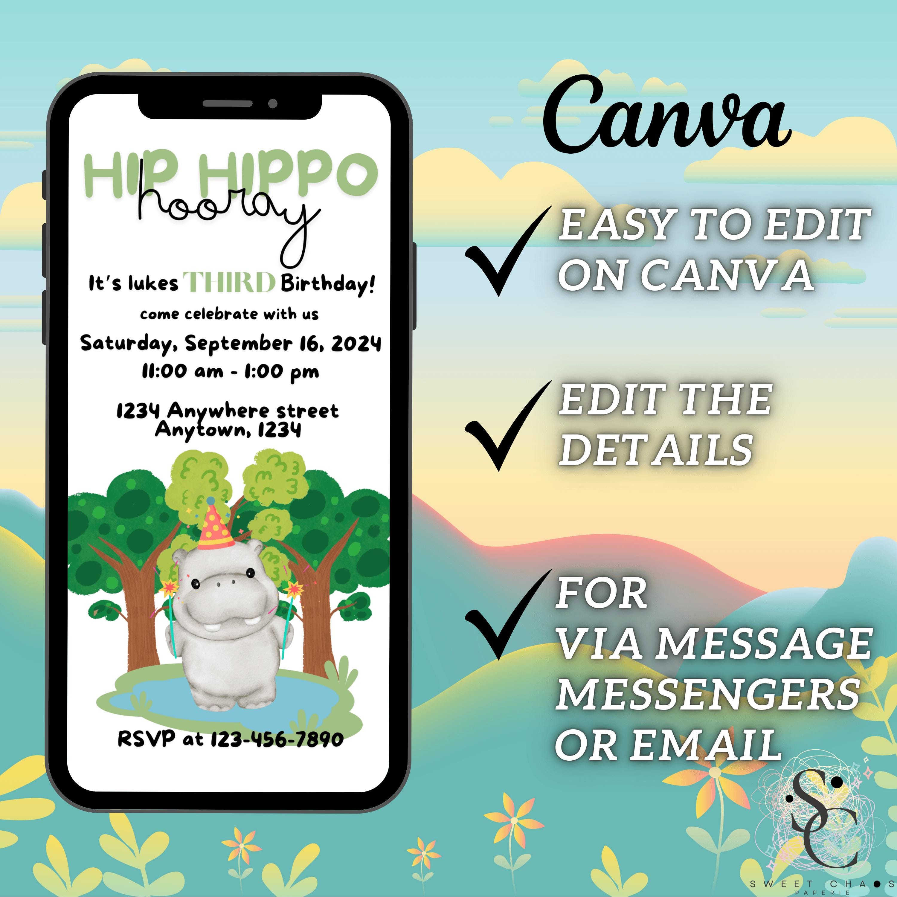 Editable Hip Hippo Hooray! Birthday Invitation, Cute Animal Theme ...