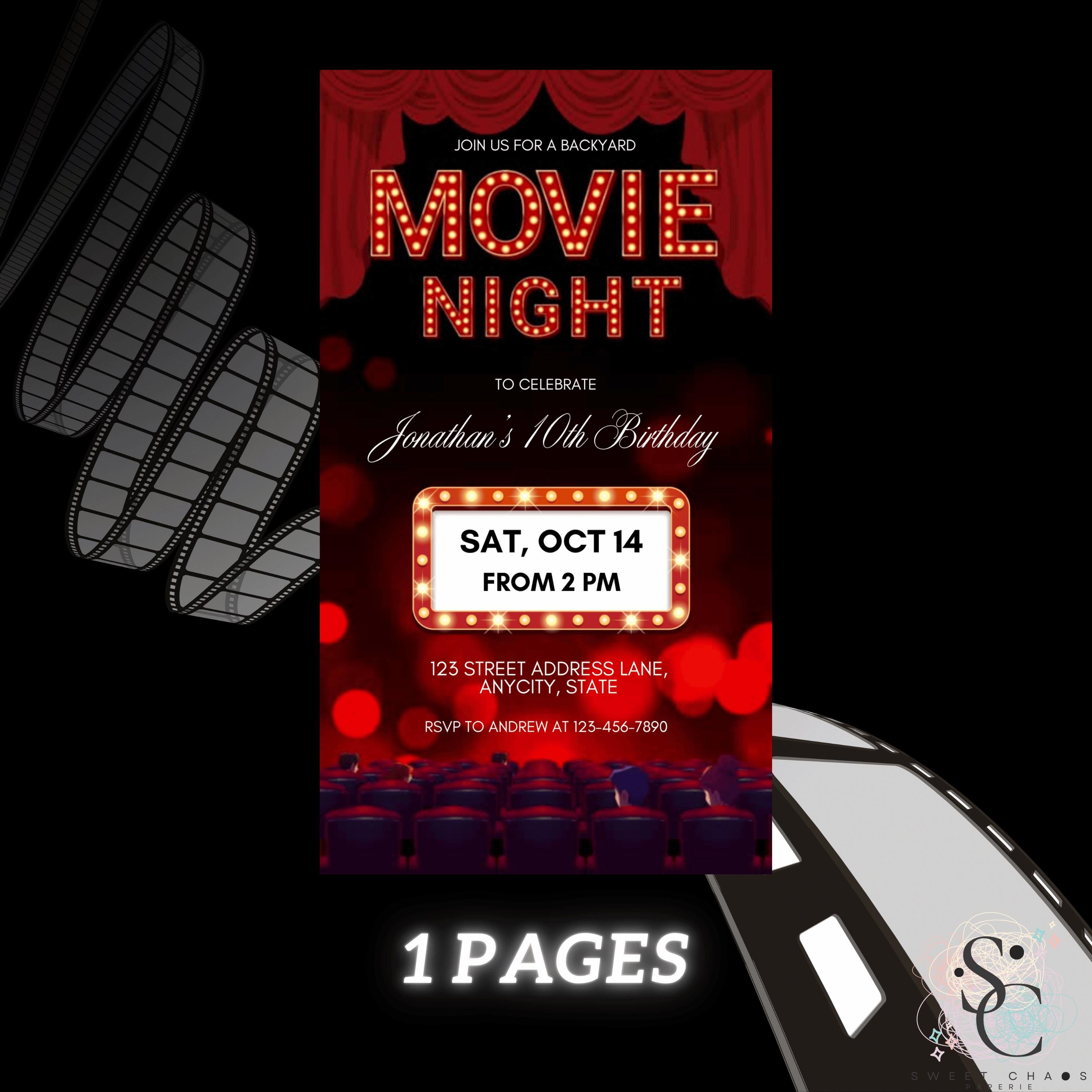 Editable Backyard Movie Night Birthday Glam Party Invitation Card ...