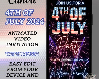 4th of July Party Digital Invitation, Canva 4th of July Video ...