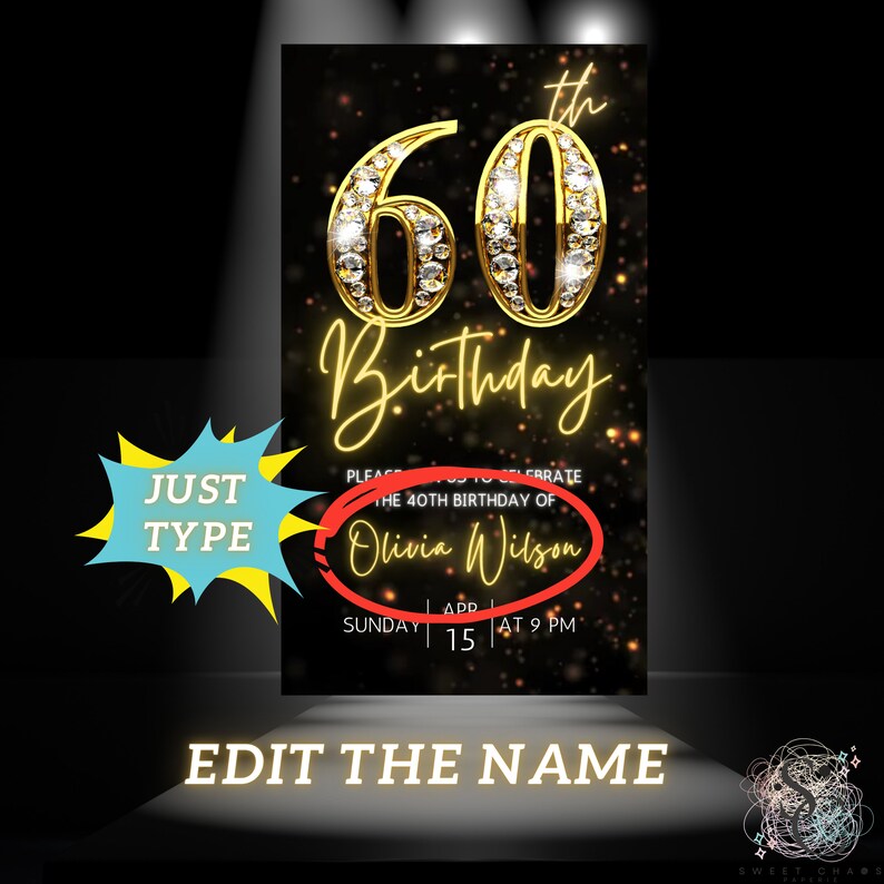 Animated 60th Birthday Video Invitation, Diamond Silver Gold Digitally ...