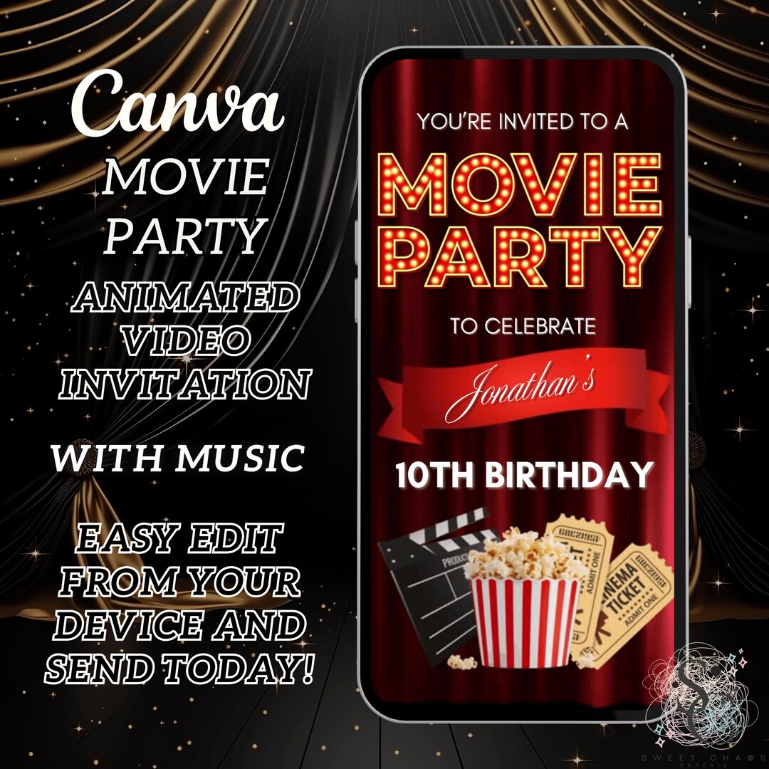 Editable Movie Birthday Party Invitation, Digital Animated Movie ...