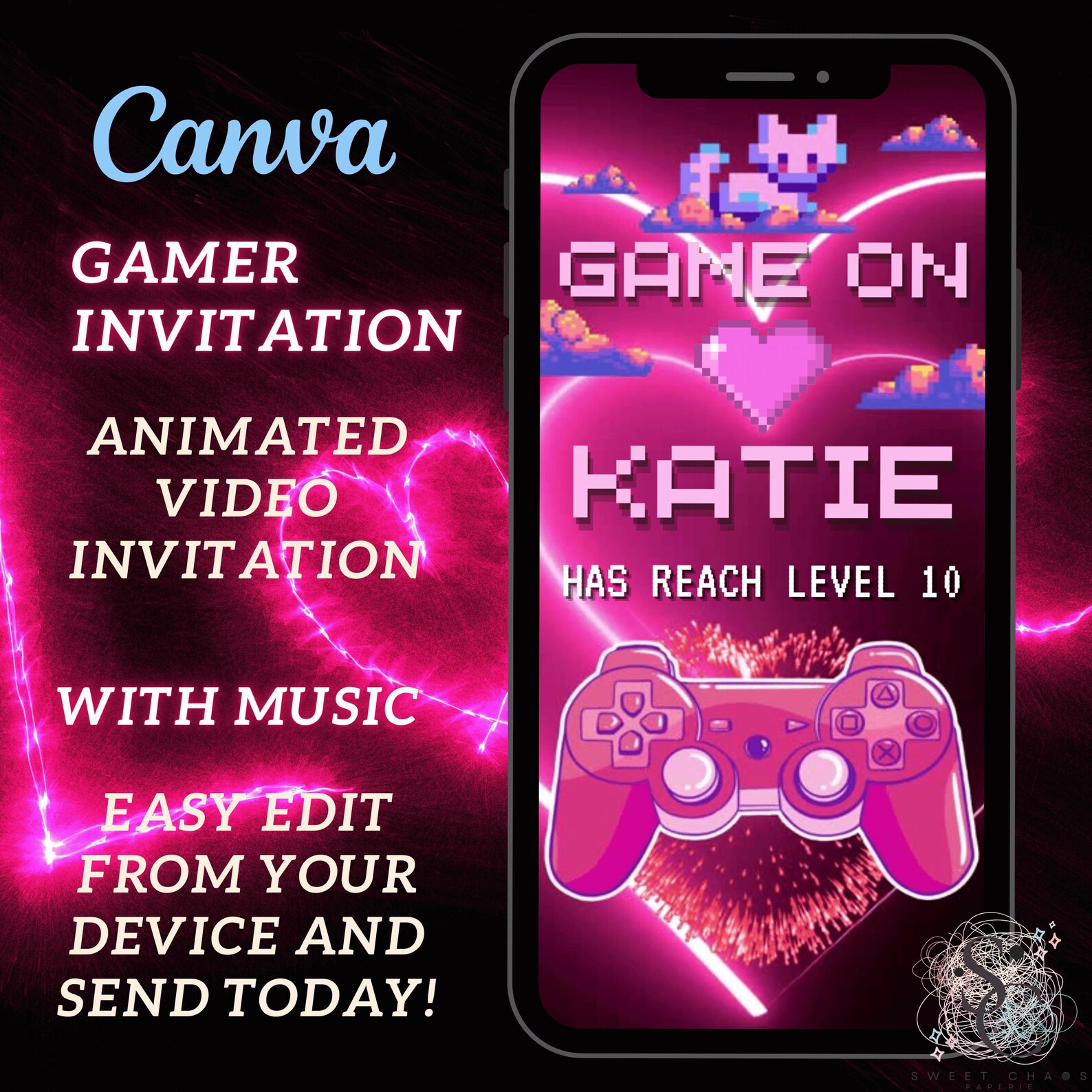 Editable Pink 8bit Video Game Party Invitation, Level up Birthday ...