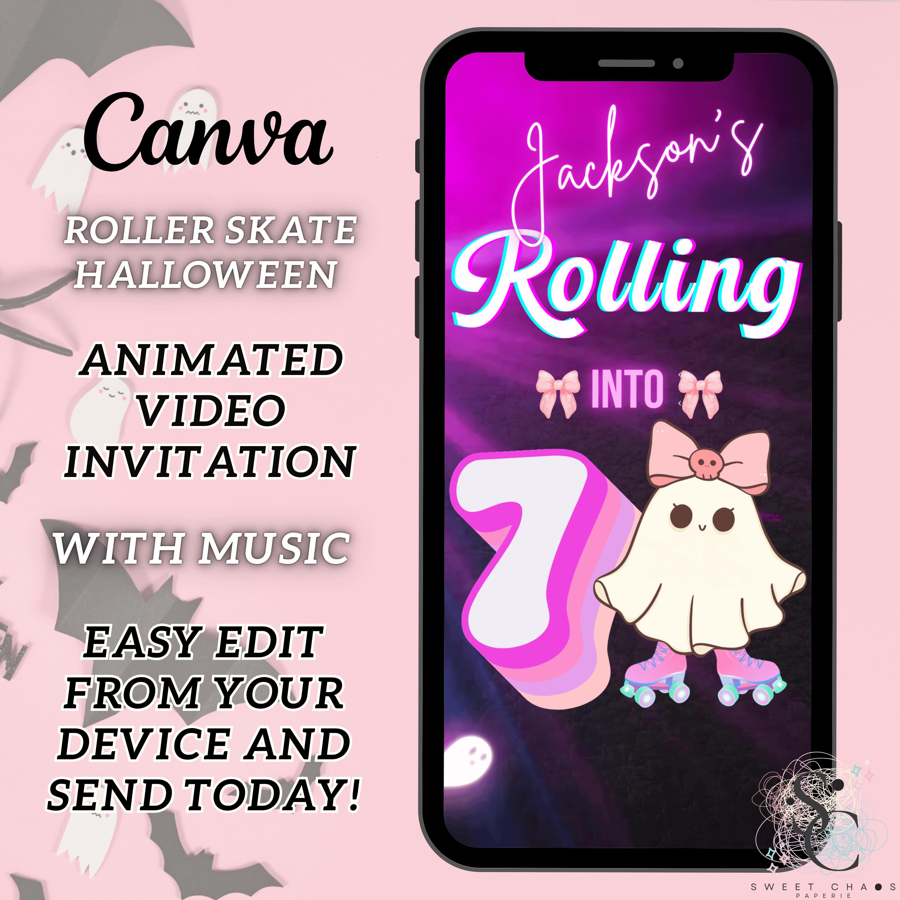 Editable Roller Skating Invitation Halloween Party 7 Birthday ...