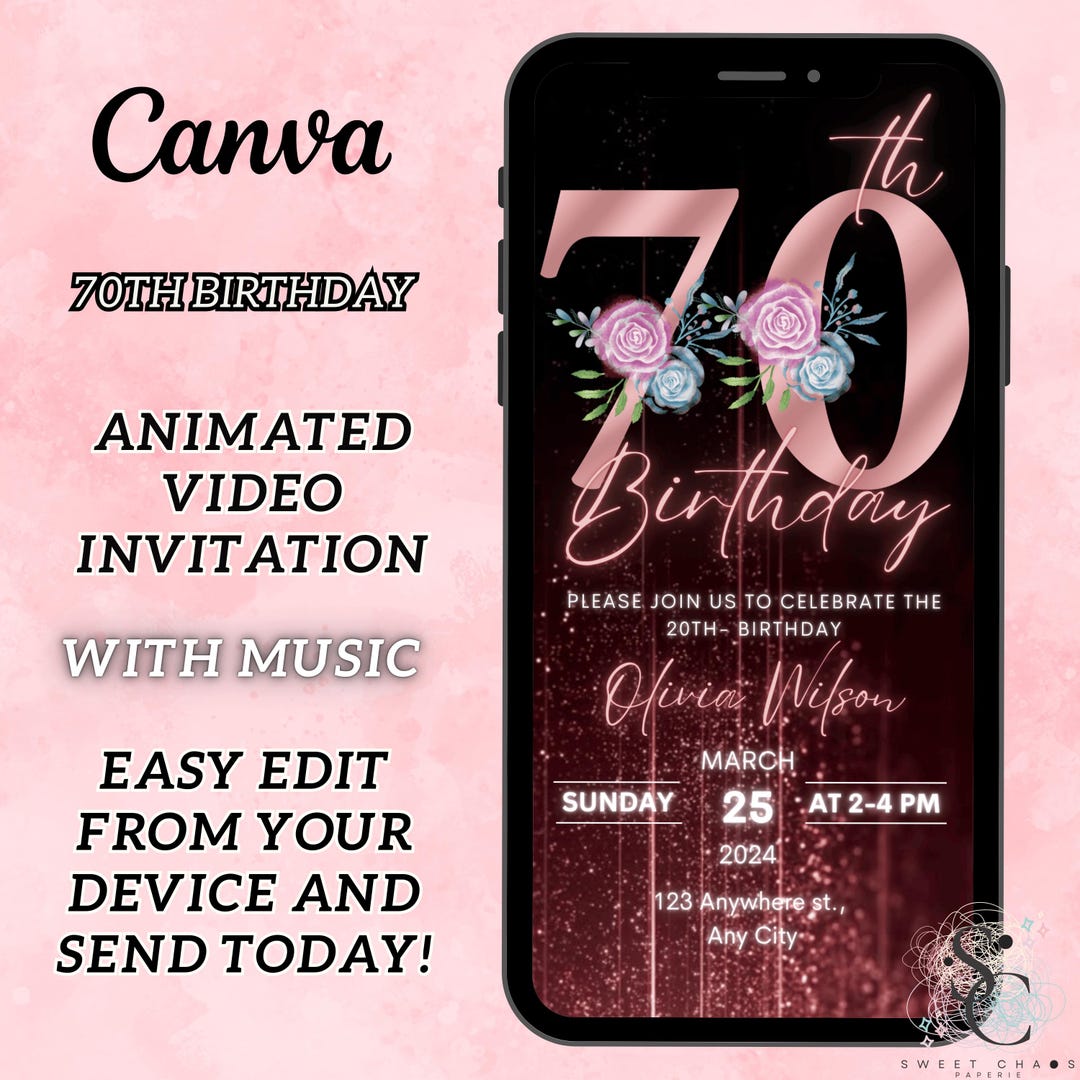 Digital 70th Birthday Invitation Template, Seventieth Rose Gold Floral ...