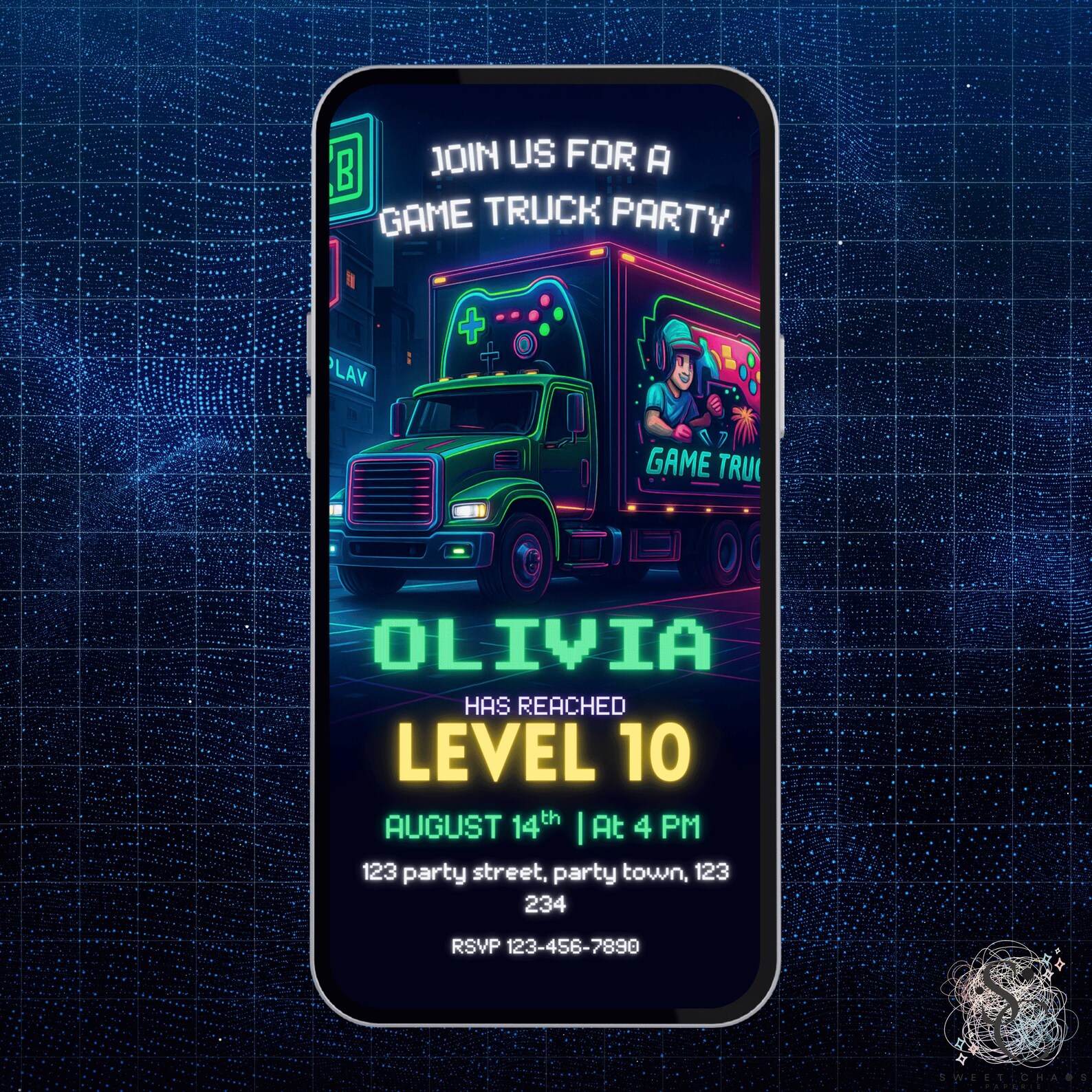 Video Game Truck Birthday Invitation, Printable Neon Gamer Truck Party ...