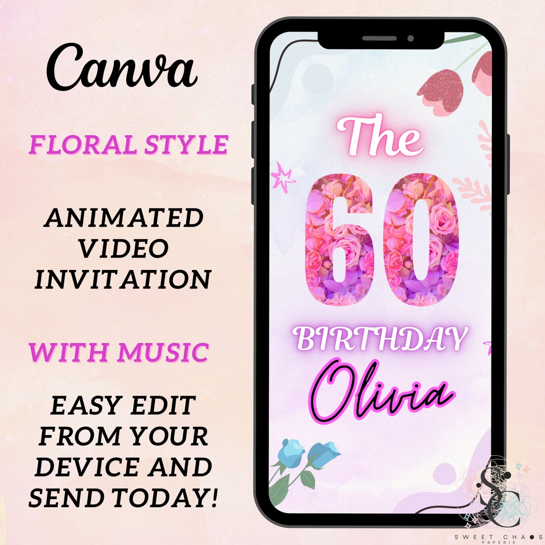 Animated 60th Birthday Video Invitation, Digitally Pink Flowers Party ...