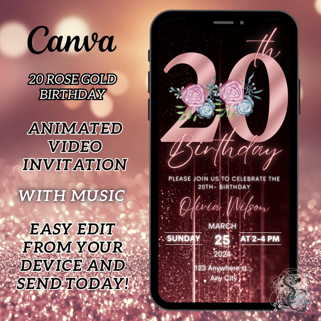 Digital 20th Birthday Invitation, Animated 20th Party Invite, Rose Gold ...