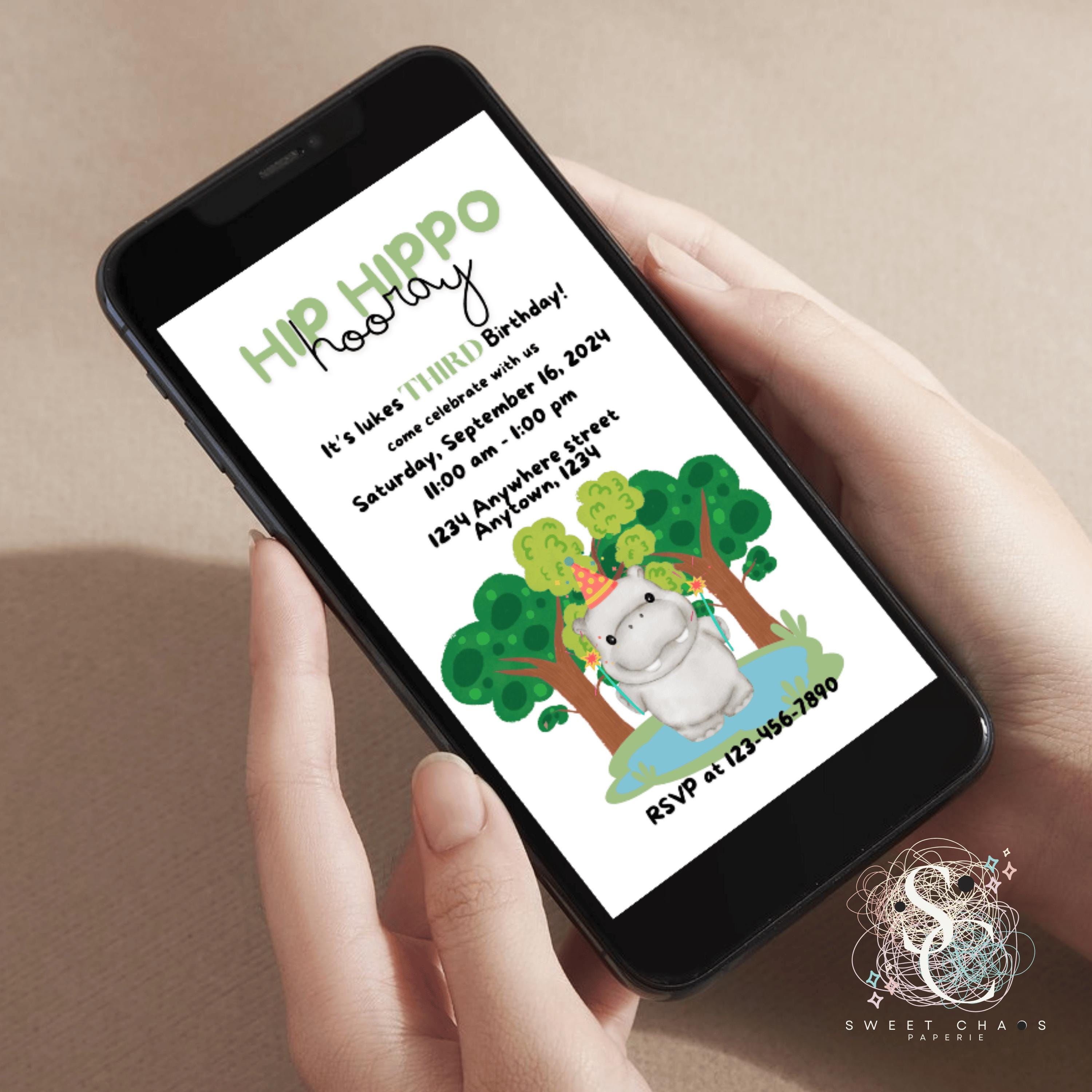 Editable Hip Hippo Hooray! Birthday Invitation, Cute Animal Theme ...