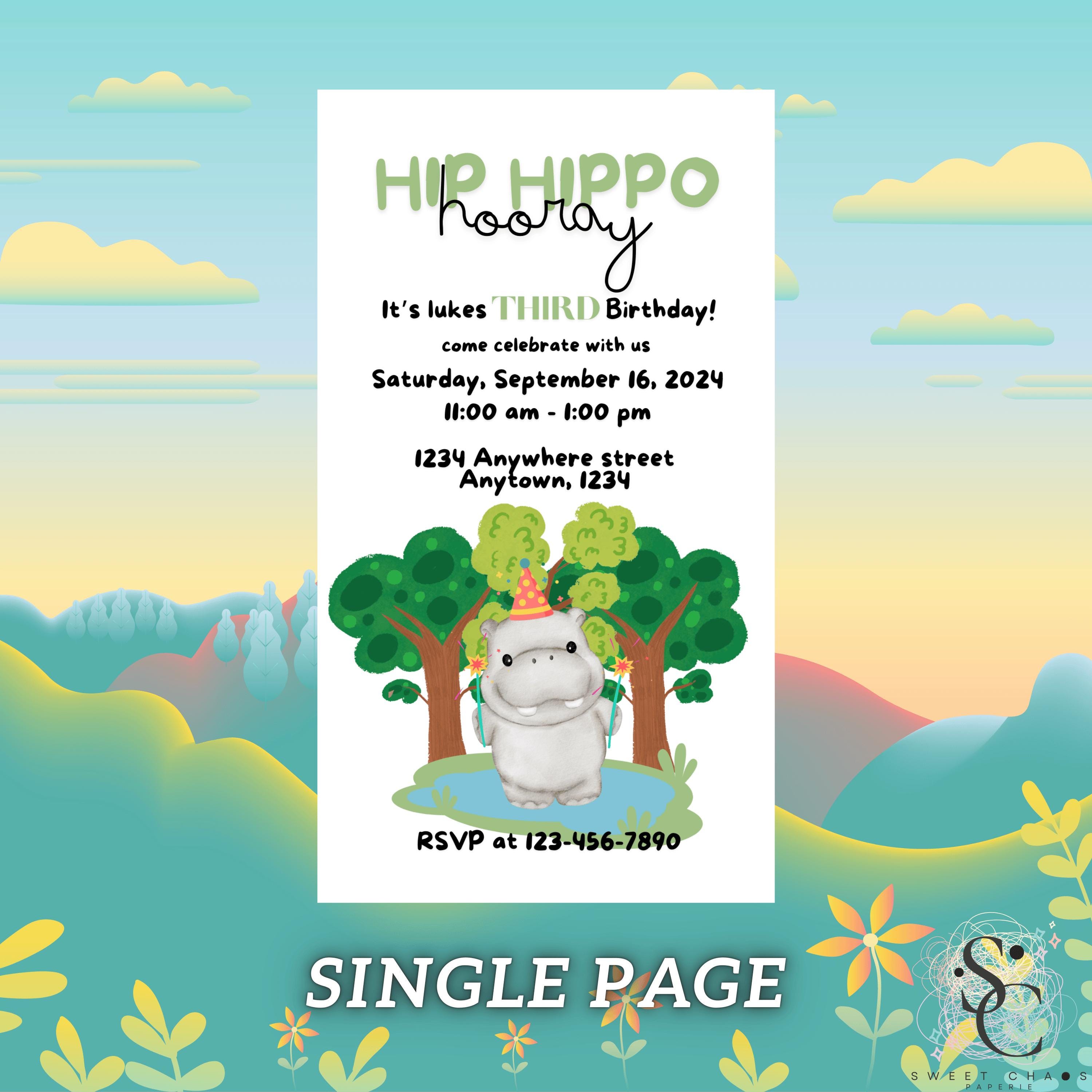 Editable Hip Hippo Hooray! Birthday Invitation, Cute Animal Theme ...