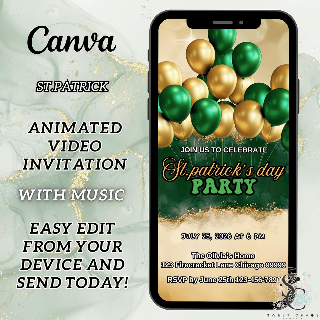 Editable St. Patrick’s Day Party Video Invitation, Green & Gold ...