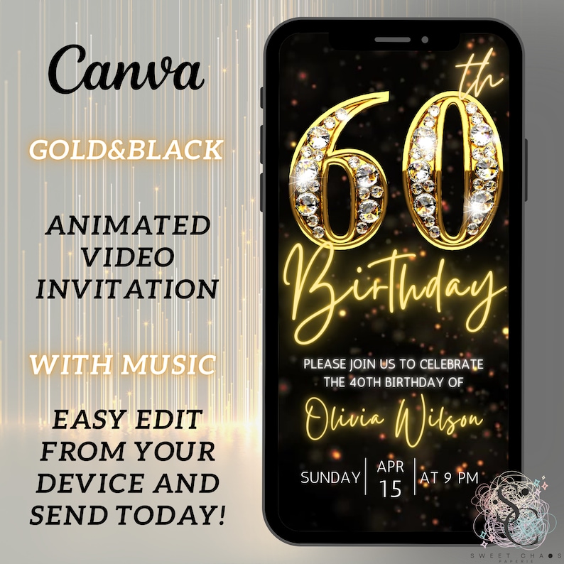 Animated 60th Birthday Video Invitation, Diamond Silver Gold Digitally ...