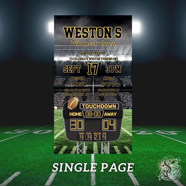 Football Birthday Invitation, First Year Down, Game On, Football Theme ...