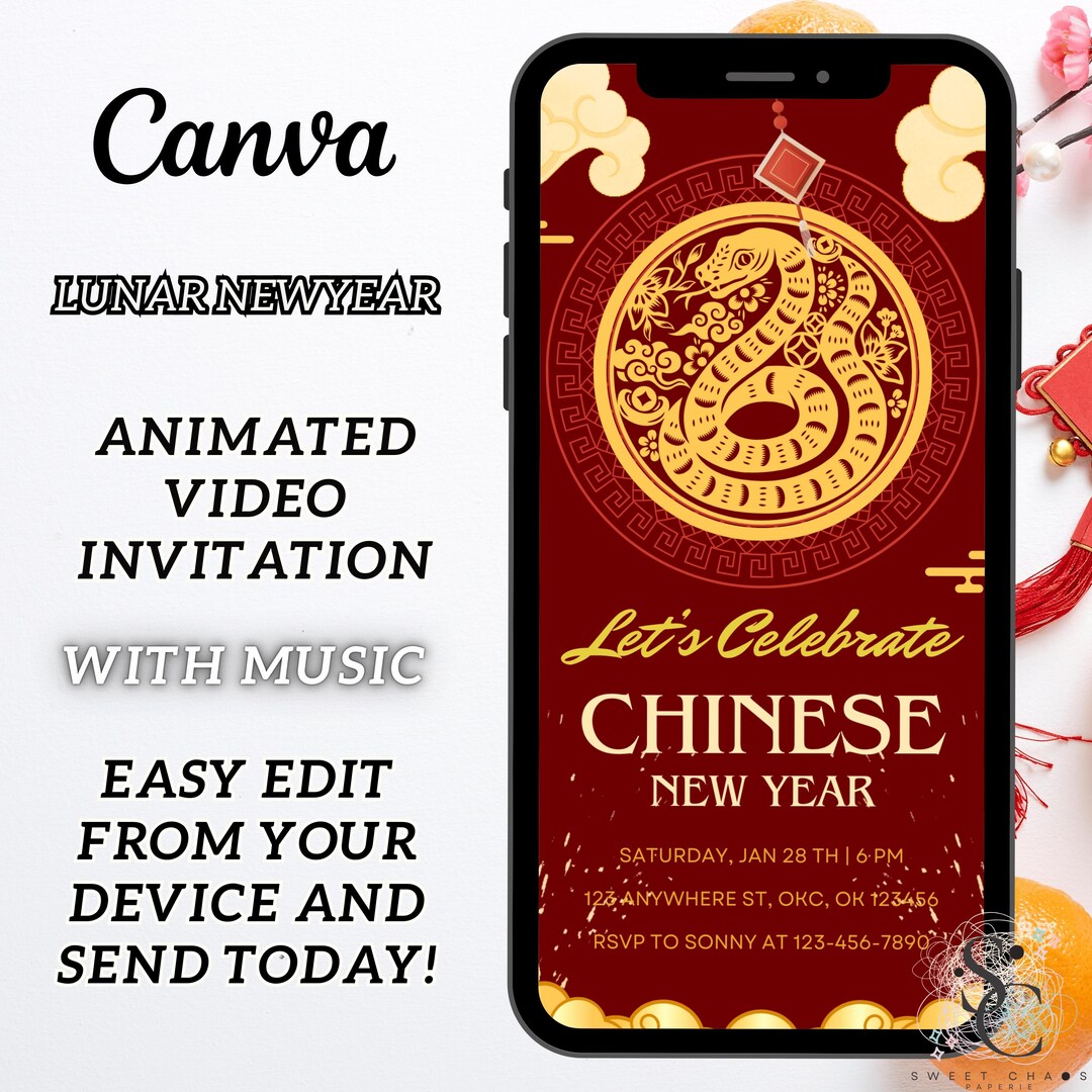 Chinese New Year Party Invitation, 2025 Year of the Snake Invitation ...