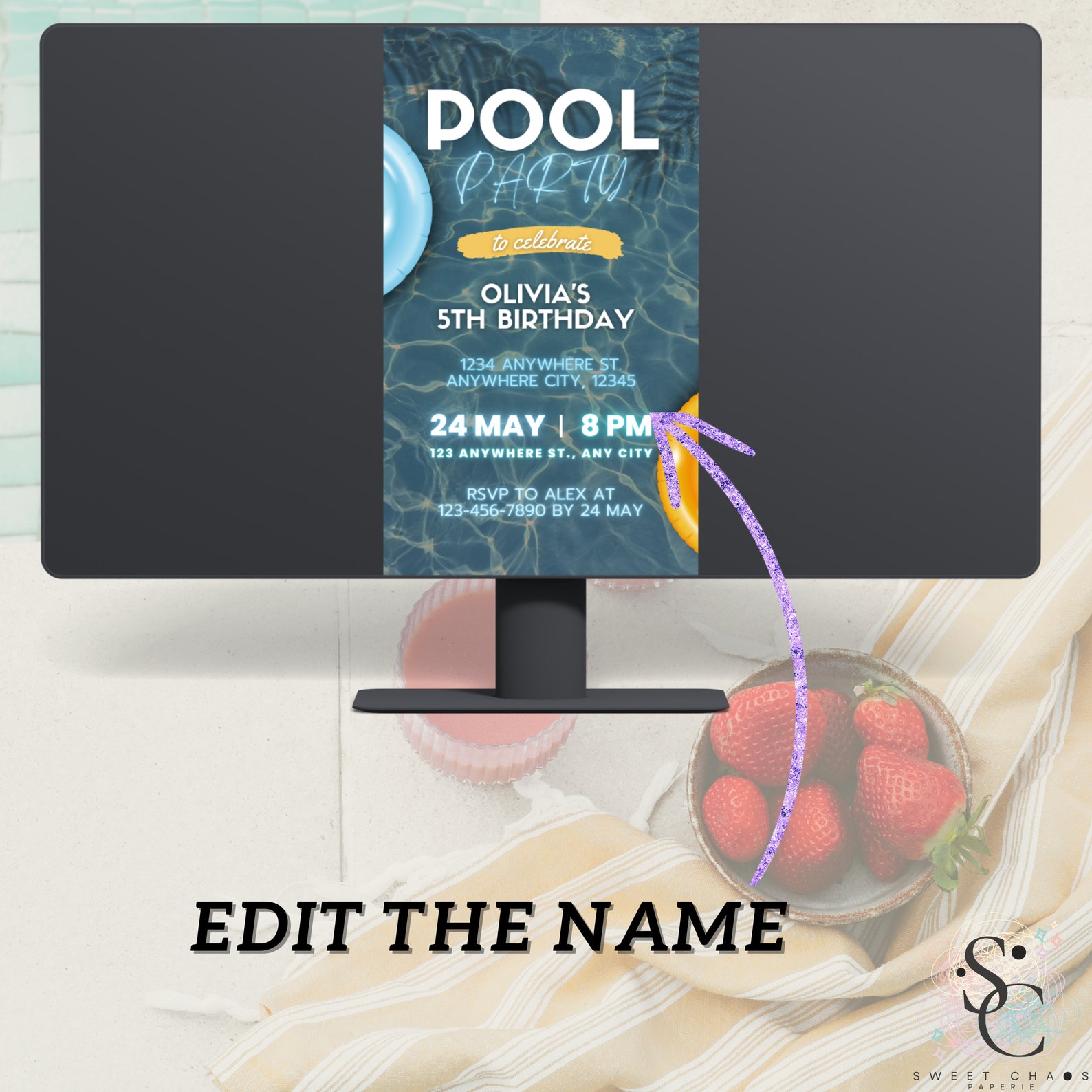 Blue Pool Party Birthday Invitation Video. Balloon Ring Tropical Summer ...