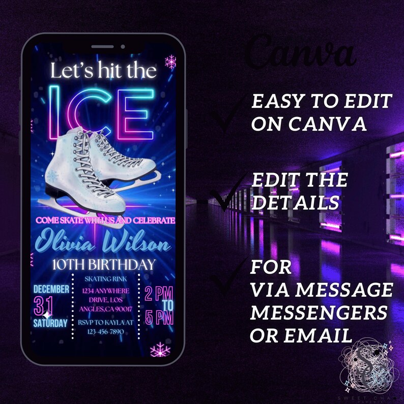 Neon Glow Ice Skating Party Invitation, Ice Skates & Glow Theme, Winter ...