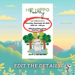 Editable Hip Hippo Hooray! Birthday Invitation, Cute Animal Theme ...