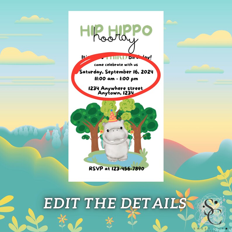 Editable Hip Hippo Hooray Birthday Invitation, Cute Animal Theme Invite ...