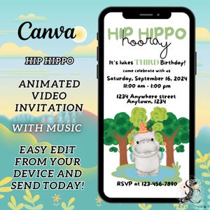 Editable Hip Hippo Hooray! Birthday Invitation, Cute Animal Theme ...