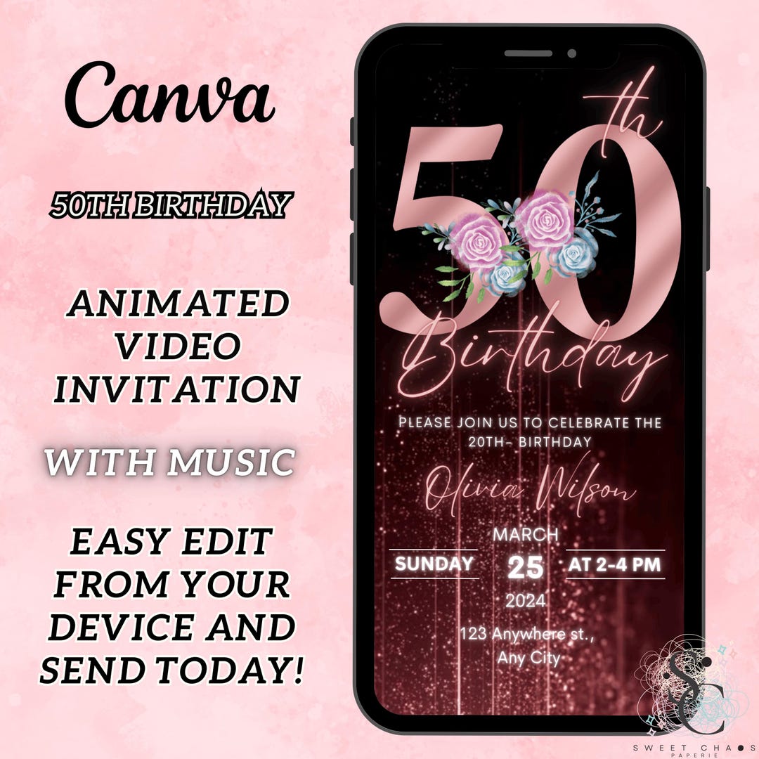 Digital 50th Birthday Invitation for Women, Editable 50th Invite Evite ...