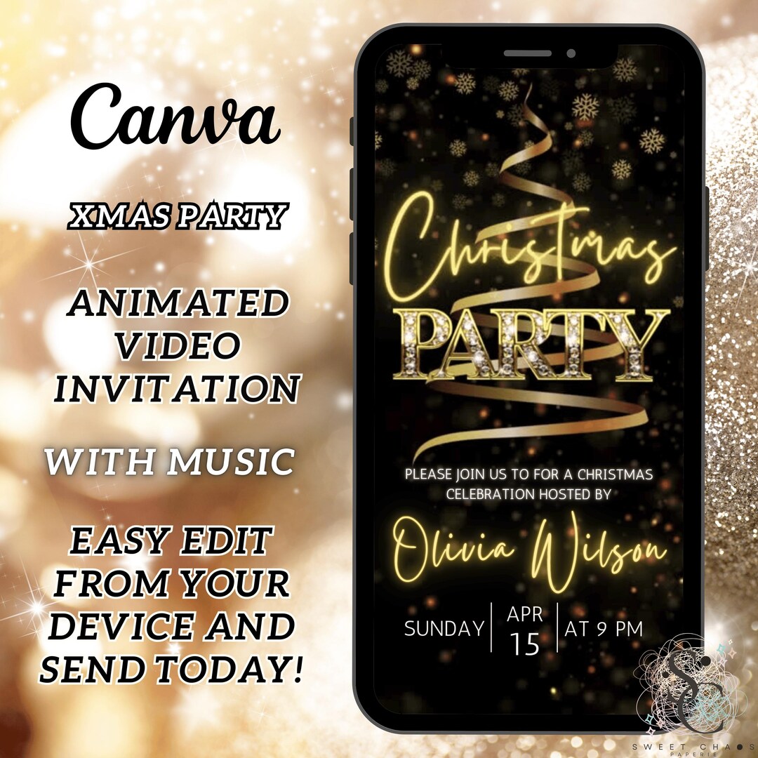 Digital Christmas Party Invitation Animated Gold Diamond Xmas Holiday