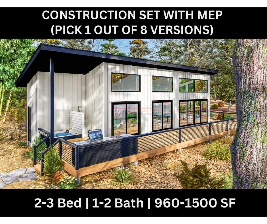 960 SF Barndominium Cabin ADU - Full Set Versions - Drawing Blueprints ...