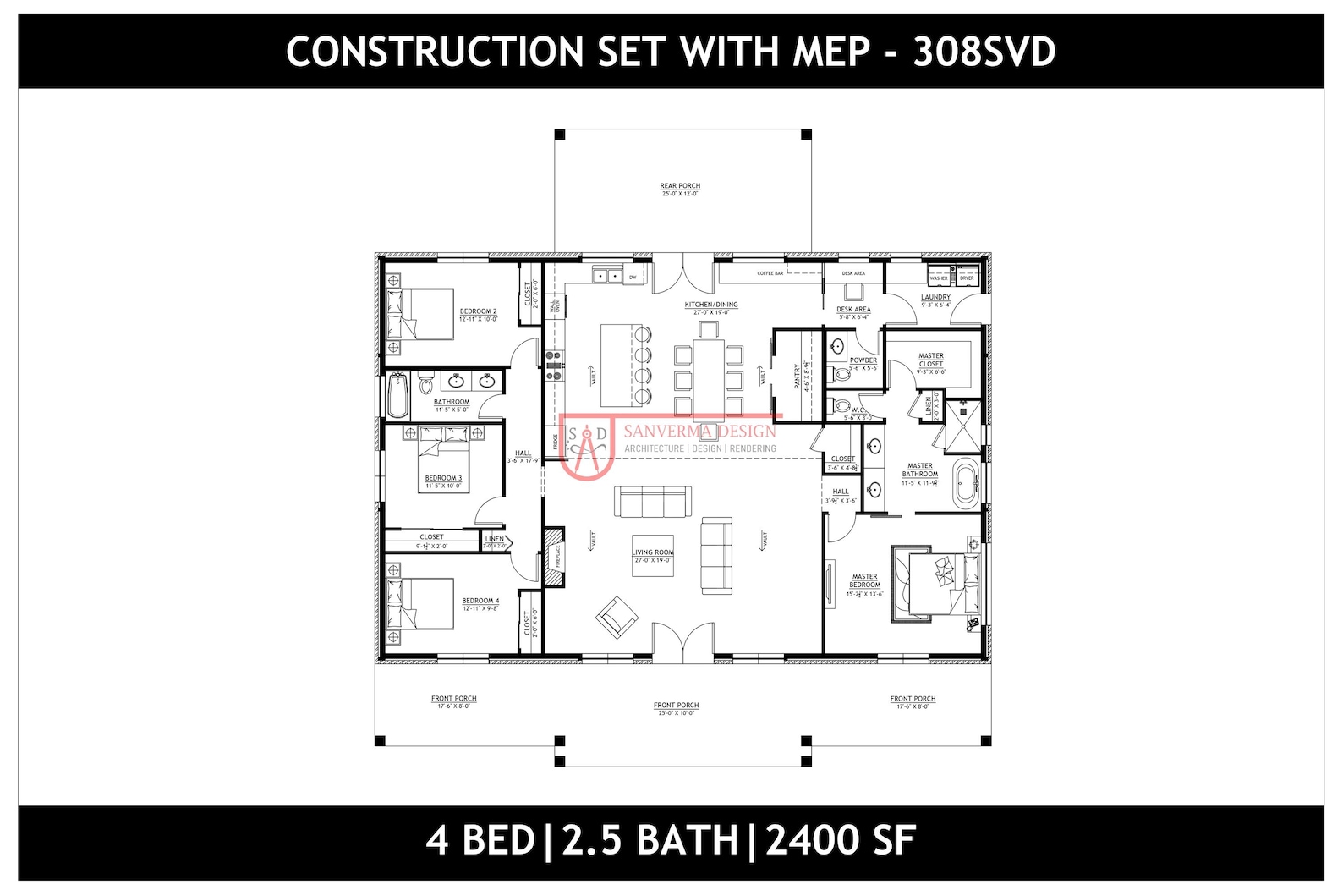 40X60 Barndominium Floor Plan - 4 Bed | 2.5 Bath - 2400 SF Drawing ...