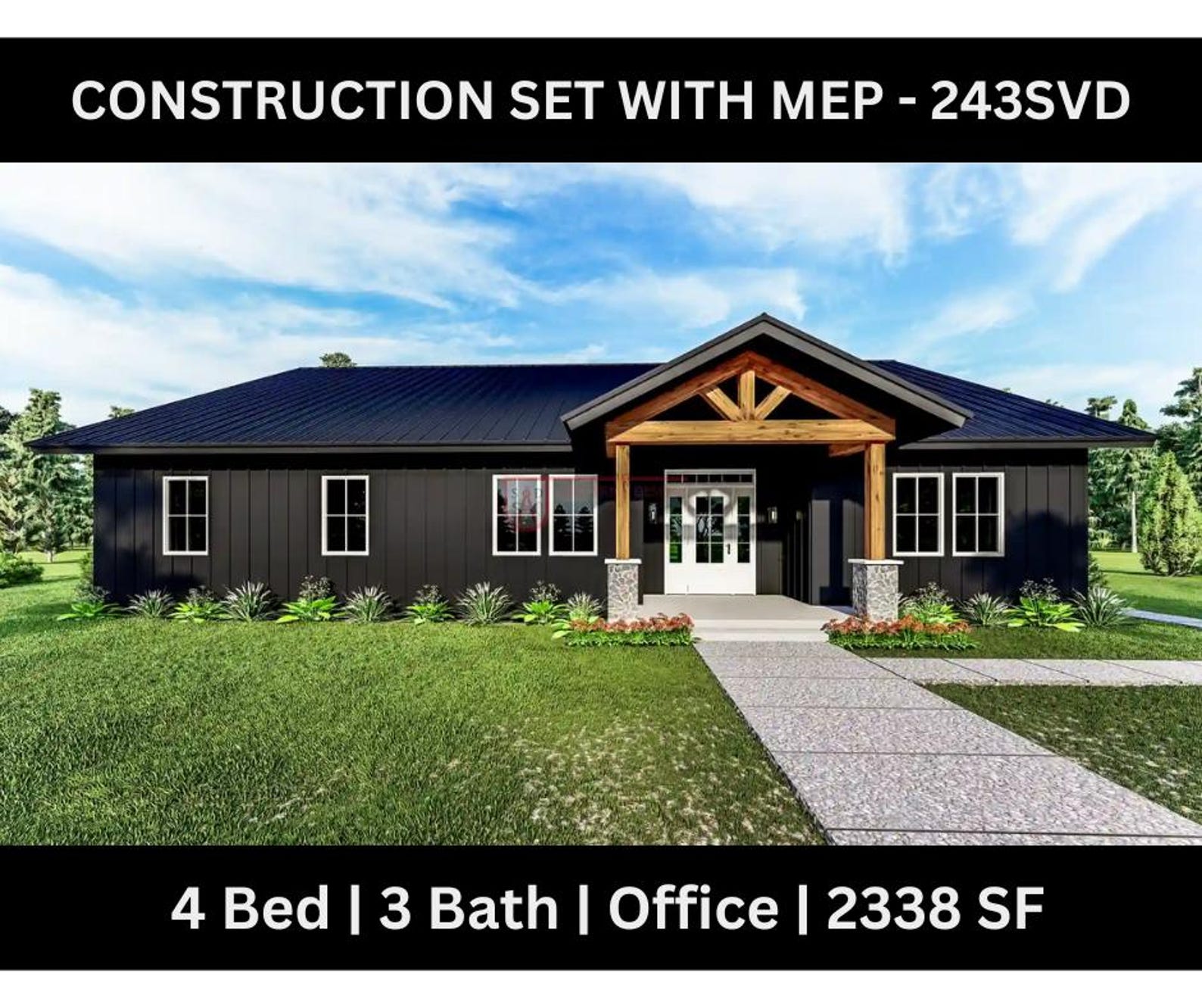 4 Bedroom Barndominium Floor Plan | 3 Bath - 2338 Sq Ft Drawing Blueprints #243SVD - Etsy