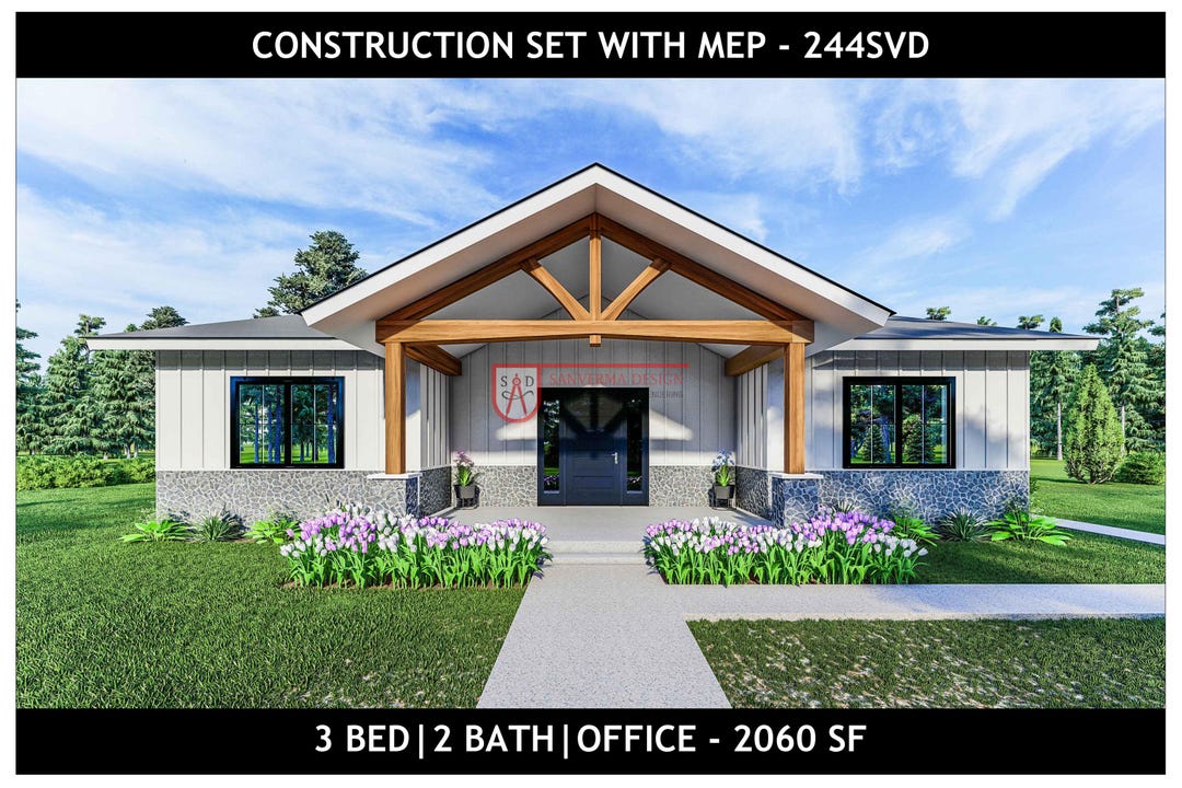 3 Bedroom Barndominium With Office | 2060 SF House Plan | Instant PDF ...