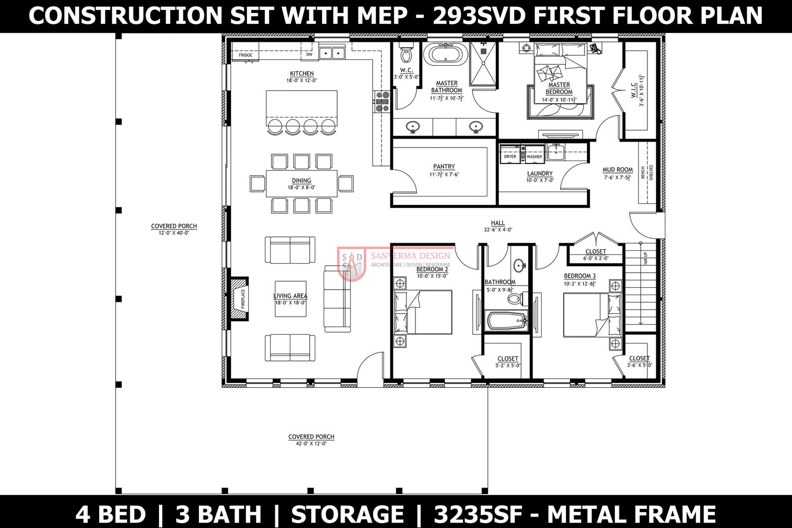 4 Bedroom Barndominium Floor Plan | 3 Bath - 3200SF Drawing Blueprint ...