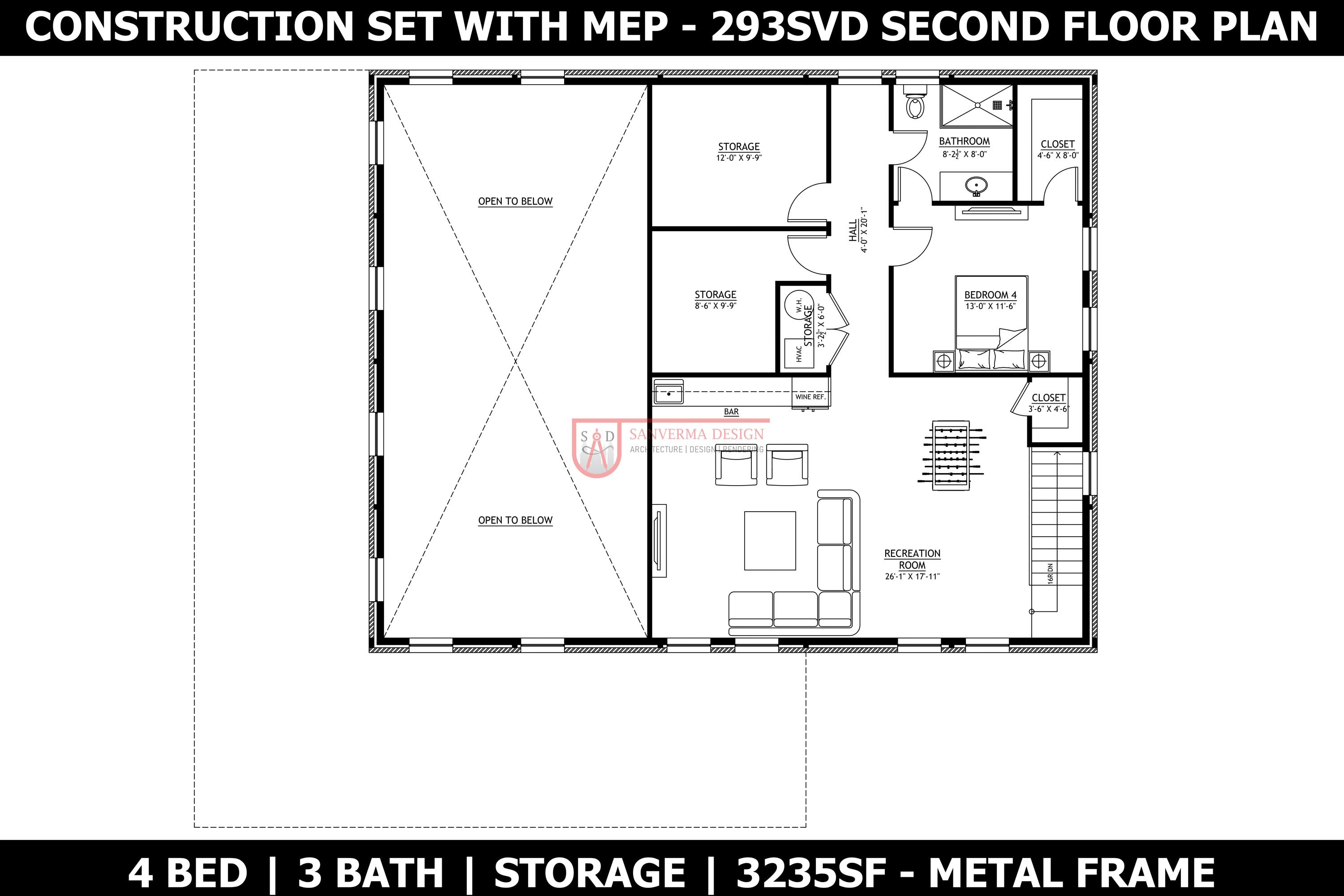 4 Bedroom Barndominium Floor Plan | 3 Bath - 3200SF Drawing Blueprint ...