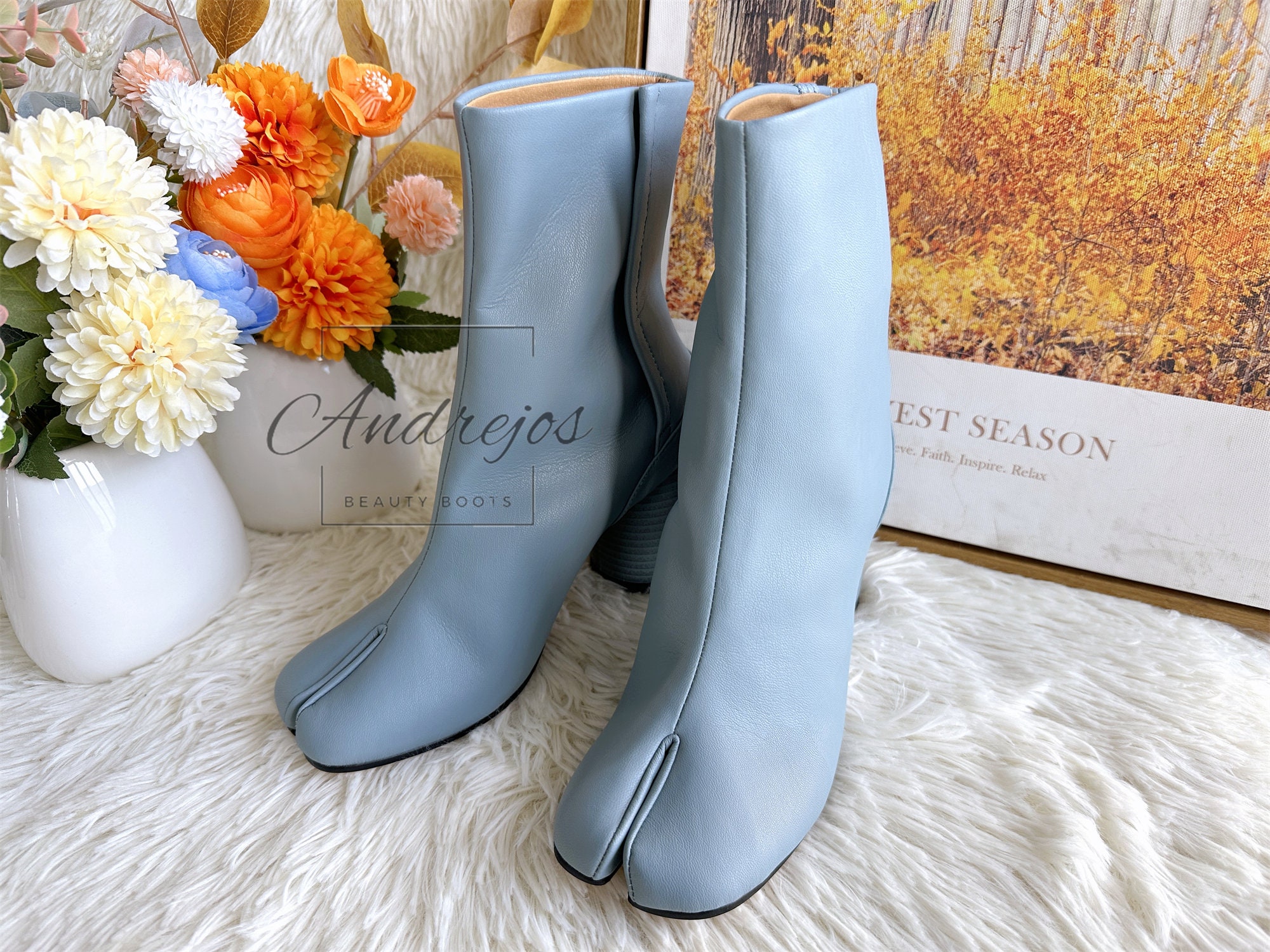 Blue Tabi Split Toe Boots Women Chunky Round Heels Tabi Split - Etsy ...