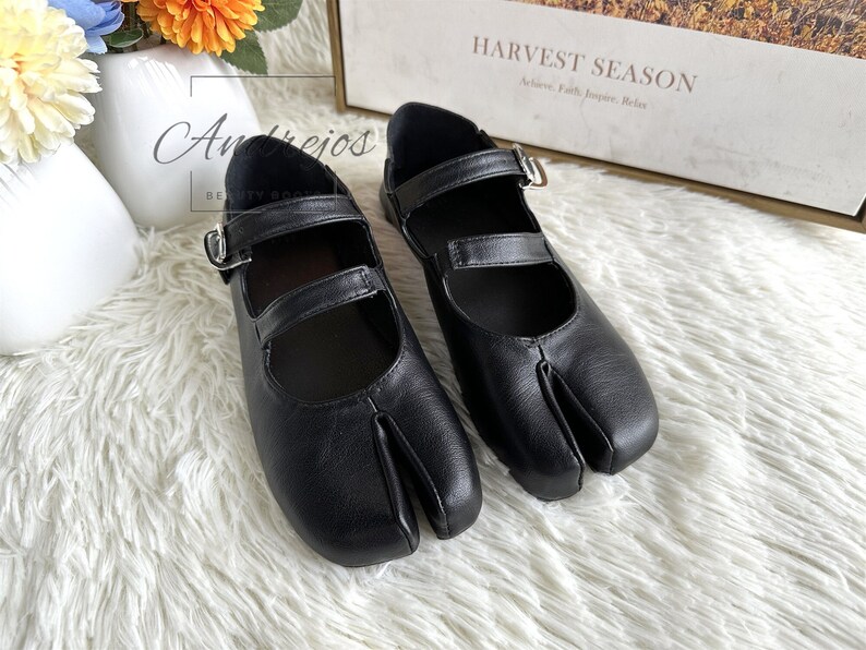 Black Split-toe Mary Janes, Double Straps Tabi Split-toe Shoes, Women ...