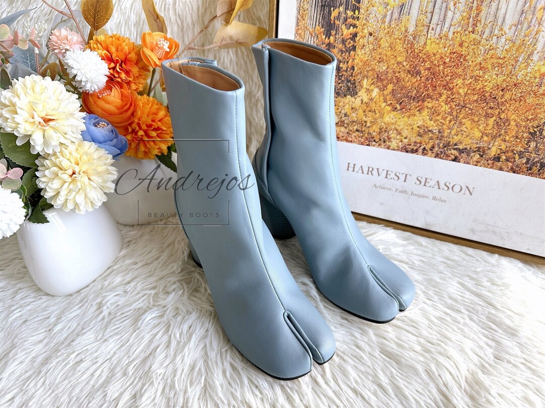 Blue Tabi Split Toe Boots Women Chunky Round Heels Tabi Split - Etsy ...