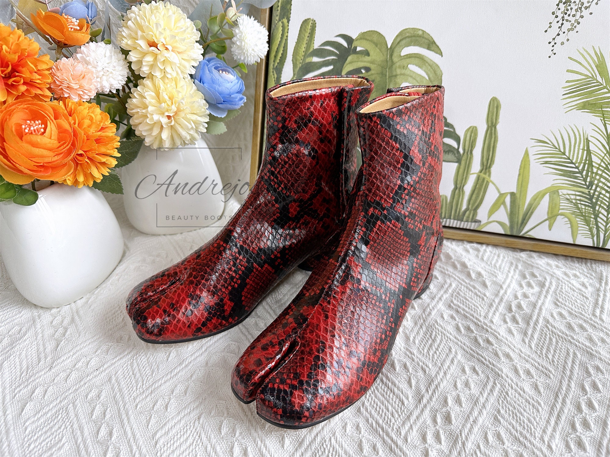Snake Pattern Tabi Split Toe Boots, Wine Red Chunky Round Heels Tabi ...